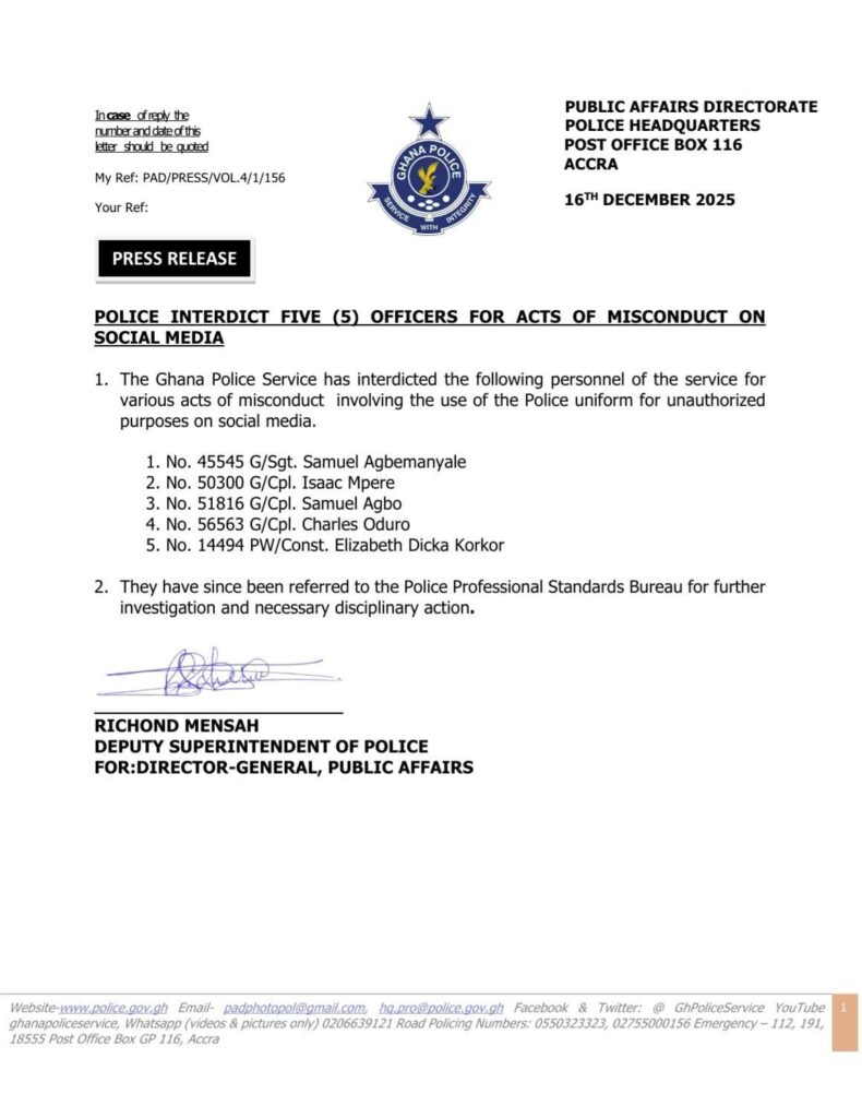Ghana Police interdict five officers over misuse of uniform on social ...