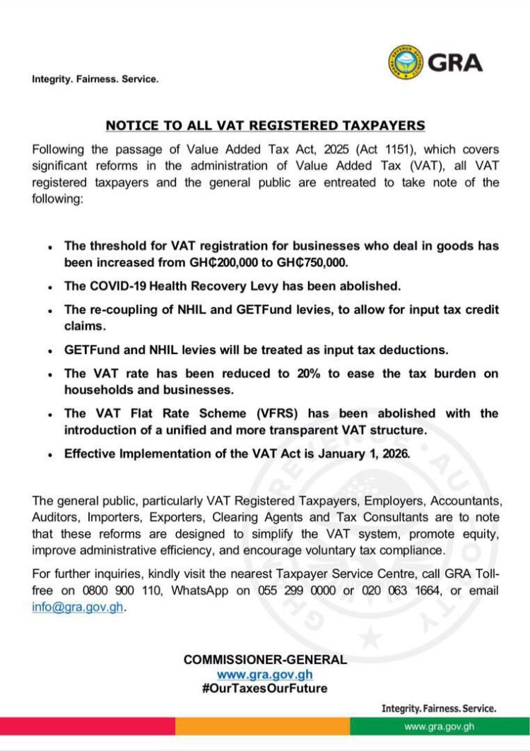 GRA announces major VAT reforms effective January 2026 to ease business ...
